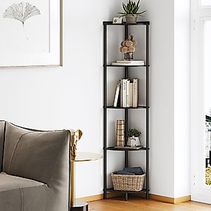 SUNMORY 5 Tier Corner Shelf Stand, Industrial 65" Corner Shelves Display Shelf for Living Room Decor, Wall Corner Bookshelf Multi Unit Organizer, Tall Shelf Plant Stand for Bedroom, Bathroom, Black
