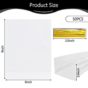 6"x 9" Bottom Gusset Bags, Cellophane Bags, 50Pcs Clear Cellophane Gift Bags with Twist Ties, Cello Cellophane Treat Goodie Bags for Party Favors Packaging Candy Cookies Popcorn Food Storage Wrapping
