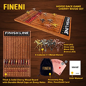 FINENI Horse Racing Game for Adults, Horse Race Board Game with 11 Luxurious Metal Horses (Gold, Silver, Black, Rose Gold), 22” Cherry Wood Horse Race Game Board, Dice & RoseGoldCard Included (Cherry)