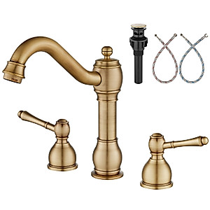 Aolemi Antique Brass 8 Inch Widespread Bathroom Sink Faucet Double Lever Handle 3 Hole Deck Mount Vanity Basin Mixer Tap with Pop Up Drain Assembly