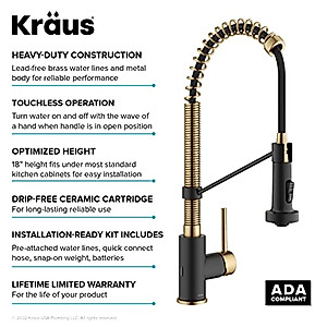 KRAUS Bolden Touchless Sensor Commercial Style 2-Function Single Handle Pull-Down Kitchen Faucet in Brushed Brass / Matte Black, KSF-1610BBMB