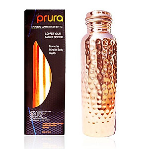 PRURA Pure Printed Copper Water Bottle - Leak Proof Ayurvedic Drinkware Copper Vessel for Sports, Gym, Outdoors, Yoga, Health Benefits (30 oz)