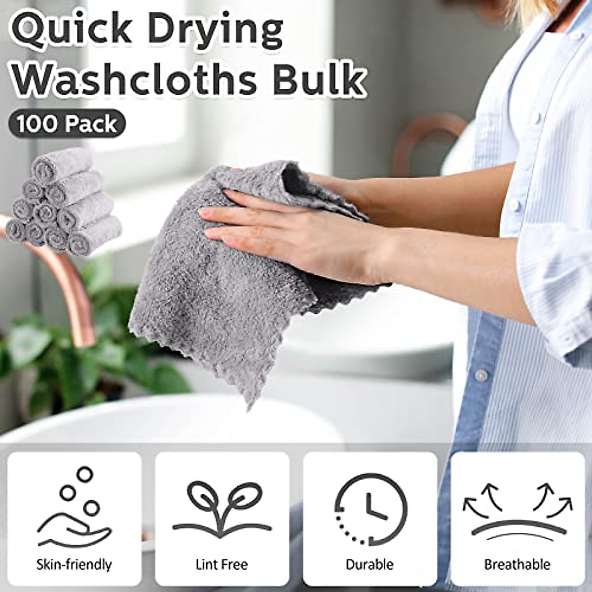 Newwiee 100 Pcs Microfiber Towels Absorbent Washcloths Bulk 12 x 12 Inch Soft Quick Drying Face Towels Bath Cloths Coral Velvet Bathroom Wash Clothes for Bath Spa Facial Fingertip Towel (Grey)