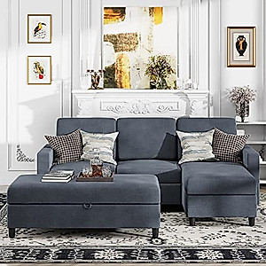 JY QAQA Convertible Sectional Sofa Couch with Long Storage Ottoman，L-Shaped Modular Couch with Modern Linen Fabric Wide Reversible Chaise for Small Space