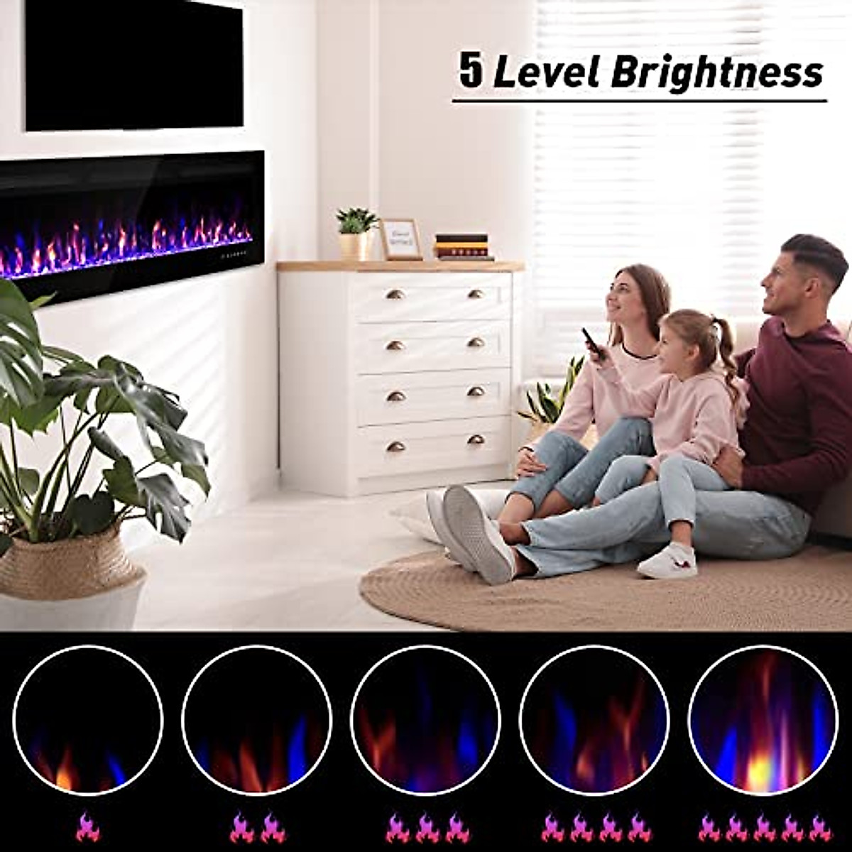 ALPACA 60" Electric Fireplace Recessed and Wall Mounted Linear Fireplace, 750/1500W the Thinnest Fireplace Low Noise Touch Screen with Timer and Remote Control Adjustable Multicolor Flame Color, Black