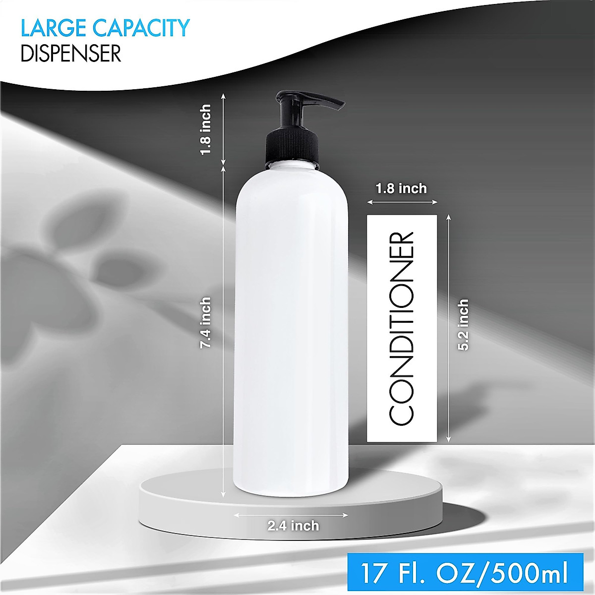 Empty White Plastic Shampoo & Conditioner Bottles (Pack of 6, 17 Fl. Oz) - 3 Screen Printed Bottles and 3 Bottles with 6 Transparent Stckers