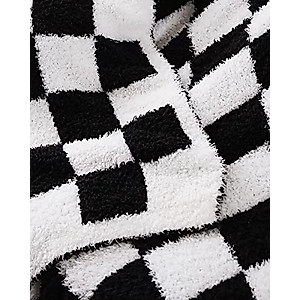 Panku Super Soft Checkered Throw Blanket, Knitted Cozy Warm Checkboard Fleece Blankets for Couch and Sofa, Reversiable Luxury Fluffy Plaid Knit Blanket Throw Black and White 50x60 Inches