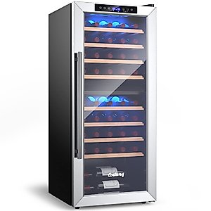 COSTWAY 20-Inch Wine Cooler Refrigerator, 43 Bottles Dual Zone Wine Cellar with 8 Wooden Shelves, Tempered Glass Door, Built-in or Freestanding Mini Wine Fridge for Home Office Bar