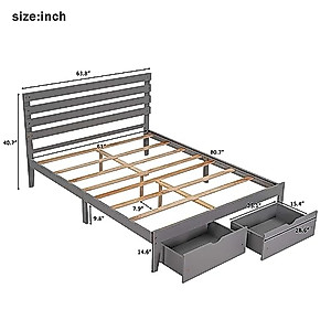 Queen Size Solid Wood Platform Bed Frame with Storage Drawers and Classic Headboard, Wood Slats Support, Under Bed Storage for Boys Girls Teens Adults,Space Saving, No Box Spring Needed (Gray)