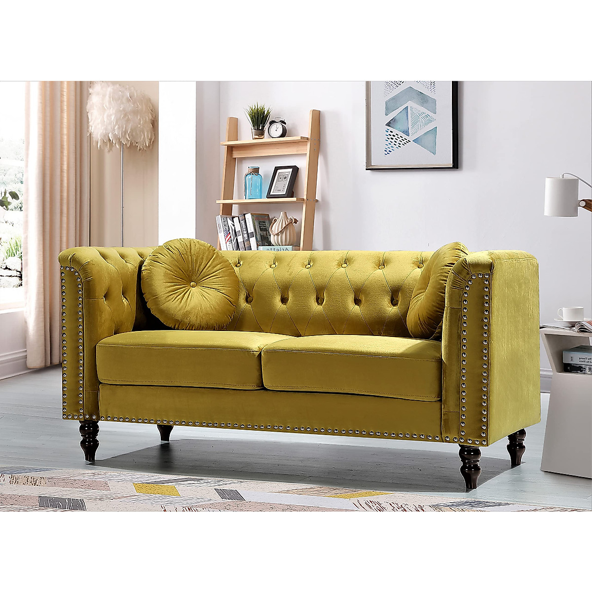 US Pride Furniture Modern Style Soft Elegant High Density Foam 64.17'' Wide Golden Yellow Velvet Rolled Arm Chesterfield Living Room Loveseat with Removable Cushion & Solid Wood Legs (S5608-5613)