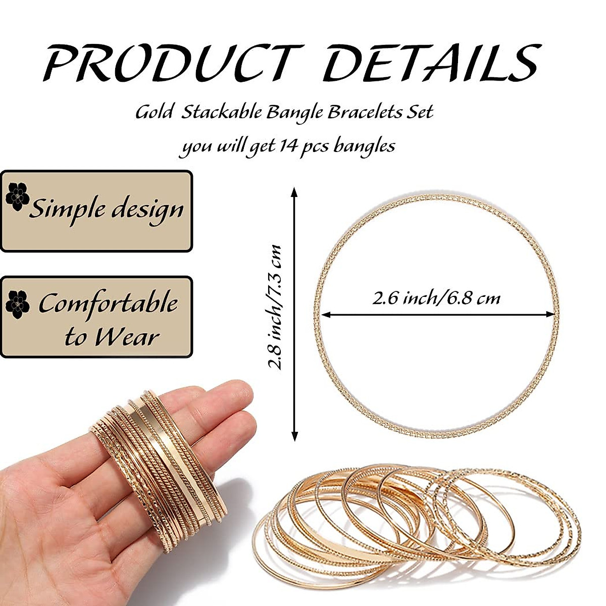 Sakytal Boho Gold Bangle Bracelet Set Indian Multi Layered Bangles Bracelets Stackable Textured Bracelet for Women (Set A)