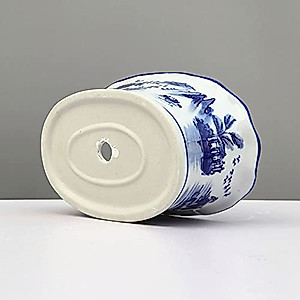 MADBLR7 Ceramic Plant Pots Oval Small Bonsai Flower Pot Ruffled Blue and White Porcelain Indoor Window Sill Micro Landscape Succulent Large Flower Pot