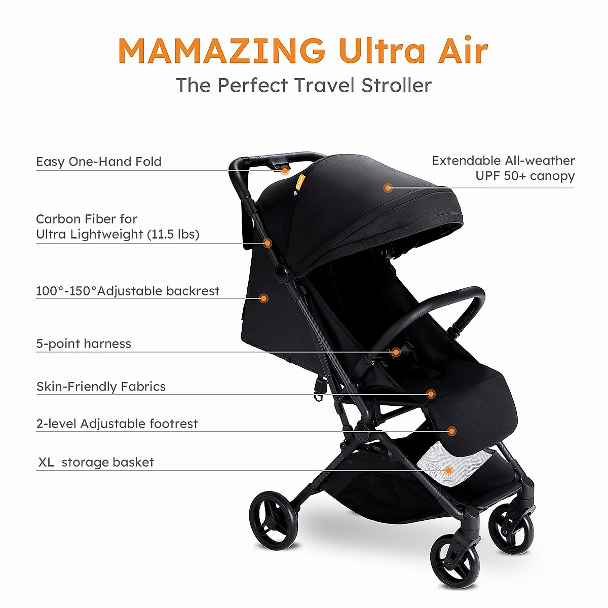 MAMAZING Lightweight Baby Stroller with Organizer, Ultra Compact & Airplane-Friendly Travel Stroller, One-Handed Folding Stroller for Toddler, Only 11.5 lbs, Coal