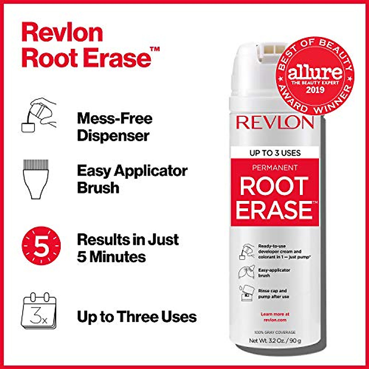 Revlon Permanent Hair Color, Permanent Hair Dye, At-Home Root Erase with Applicator Brush for Multiple Use, 100% Gray Coverage, Dark Auburn/ Reddish Brown (4R), 3.2 Fl Oz