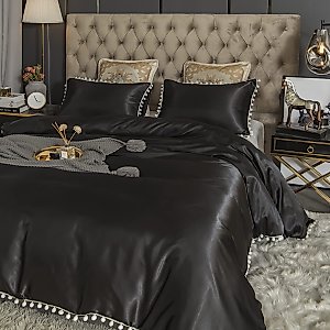 IHOUSTRIY Kids' Duvet Cover Twin Size, Satin 2pcs Bedding Duvet Cover Set, Pom Poms Fringe Solid Color Luxury Silky Like Soft, Zipper Closure & Corner Ties (Twin, Black)