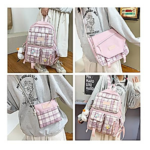 SodaMeow Kawaii Backpack with Pins and Accessories Kawaii Backpack Set Cute Aesthetic Backpack Kawaii Work Supplies (Pink)