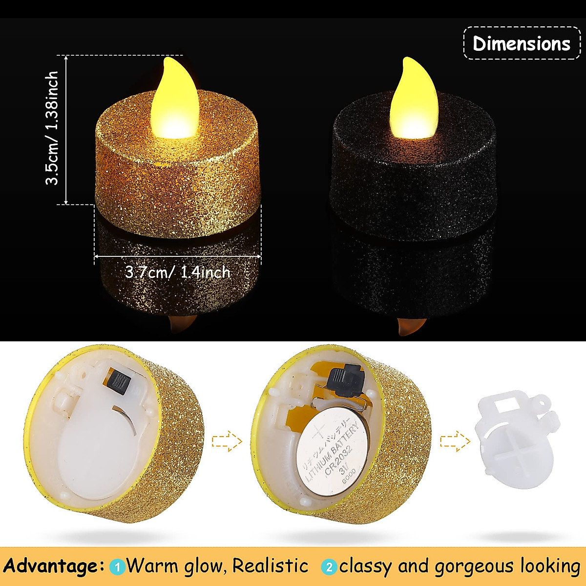 Mudder 48 Packs Valentine's Day Glitter LED Tealights Flameless Candles Battery Operated Votive Tea Lights with Warm Yellow Light for Wedding Centerpieces Table Anniversary Party(Gold, Black)
