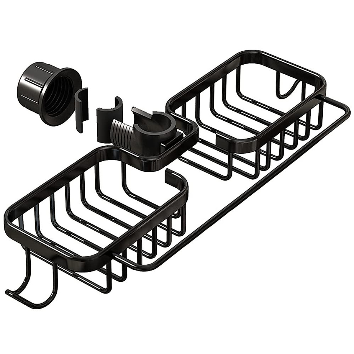 WINGSIGHT Faucet Sponge Holder Kitchen Sink Caddy Organizer Over Faucet Hanging Faucet Drain Rack for Sink Organizer (Double with Dishcloth Rack, Black)