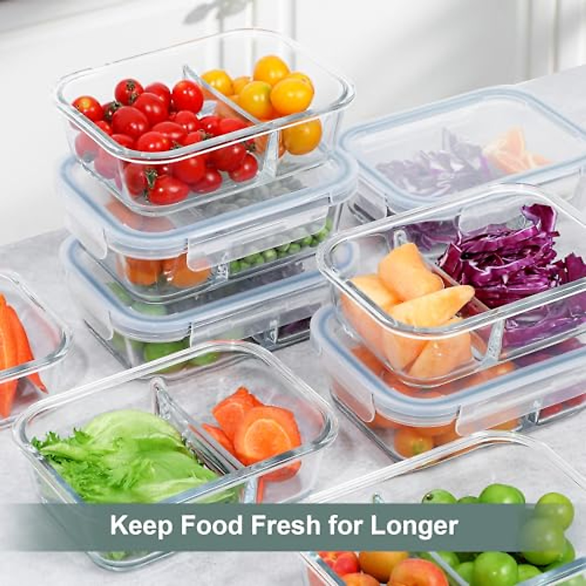 BAYZZ 10 Packs 30 oz Glass Meal Prep Containers 2 Compartment, Glass Food Storage Containers with Lids, Airtight Glass Lunch Bento Box, Freezer,Dishwasher and Microwave Safe