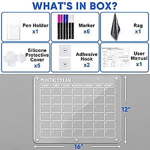Acrylic Magnetic Dry Erase Board for Fridge 16"X12", Adhesive Monthly Acrylic Calendar Board for Refrigerator/Wall, Clear Acrylic Fridge Calendar White Board with 6 Dry Erase Markers and Eraser
