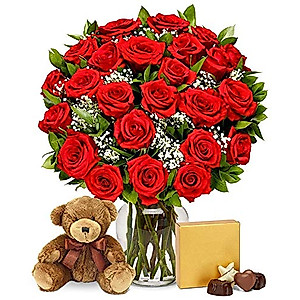 DELIVERY BY FRIDAY, 8/2 GUARANTEED IF ORDER PLACED BY 8/1 BEFORE 2PM EST From You Flowers - Two Dozen Long Stemmed Red Roses with Chocolates & Bear with Glass Vase (Fresh Flowers) Birthday,