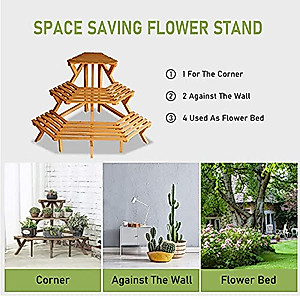 3 Tier Ladder Plant Stand Outdoor, Wood Multi Tiered Quarter Round Flower Pots Holder for Succulents andMultiple Plants, 37.8×26.38×24, Wooden Display Storage Shelf for Indoor Home Garden Patio