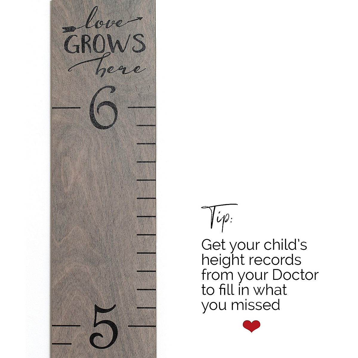 Headwaters Studio Height Ruler for Wall - Child Height Wall Chart, Height Chart for Kids Growth Chart for Wall Growth Chart Wood, Wooden Growth Chart for Wall - Love Grows Here Skinny Gray - 63"x5.75"