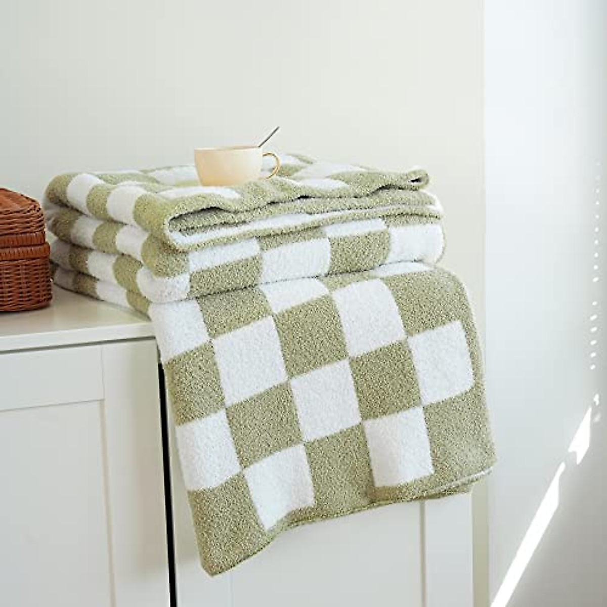 Checkered Throw Blanket Soft Fuzzy Lightweight Warm Preppy Aesthetic Decor for Couch,Chair,Sofa,Bed(Sage Green,51"x63")