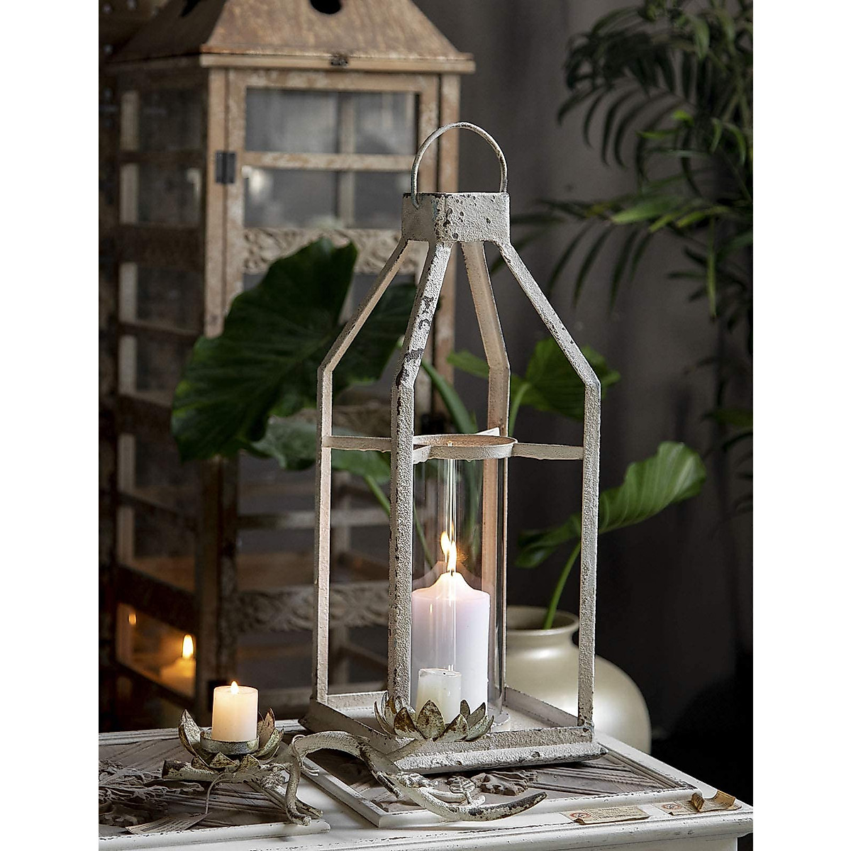 Farmhouse White Metal Lanterns 21" Decorative Hanging Candle Lantern, Rustic Distressed Candle Holder Outdoor Lanterns for Front Porch Floor, Patio or Wedding