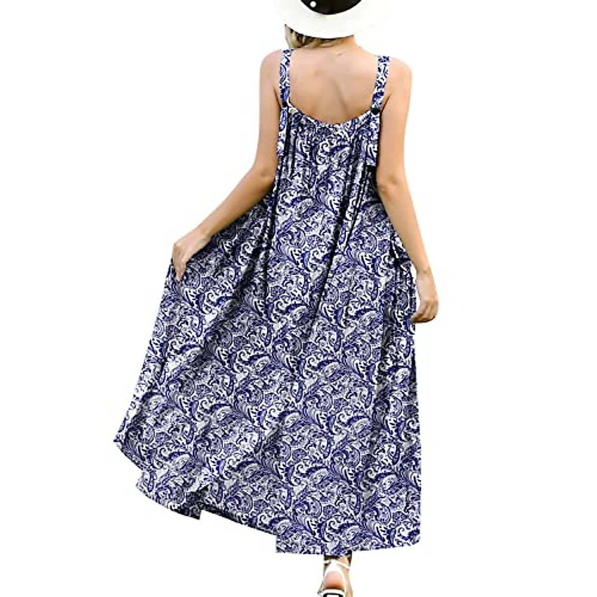 YESNO Maxi Dress for Women with Pockets Boho Summer Dress with Wide Adjustable Buttoned Strap M E96 CR148