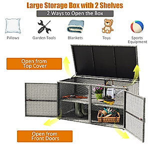 HAPPYGRILL Deck Box Outdoor Patio Pool Storage Box Outside Rattan Wicker Toy Storage Bin Cabinet with Steel Frame Shelf for Garden Balcony Porch Yard Furniture Tools