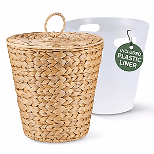 84eco 3 Gallons Wicker Trash Can with Lid & Liner - Rattan Trash Can - Wicker Waste Basket for Bathroom, Bedroom, Kitchen, Living Room - Wicker Trash Basket