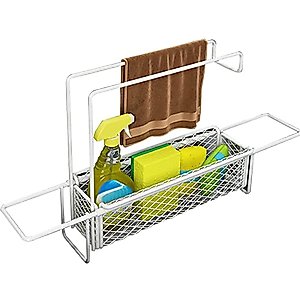 LIFOND Kitchen Sink Caddy Telescopic Sink Storage Rack Expandable Carbon Steel Sink Caddy Organizer with Towel Bar Under Sink Organiser Adjustable Sponge Holder Brush Soap Drainer Rack,White