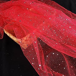 HAVII 54" x 5 Yards Red Glitter Tulle Rolls Silver Star Moon Sequin Tulle Fabric Bolt for Tutu Skirts DIY Sewing Craft Party Stage Home Background Decoration