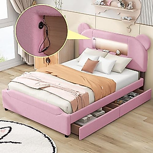 BOVZA Full Size Upholstered Storage Platform Bed Frame with Cartoon Ears Shaped Headboard, 2 Drawers, LED and USB, Pink