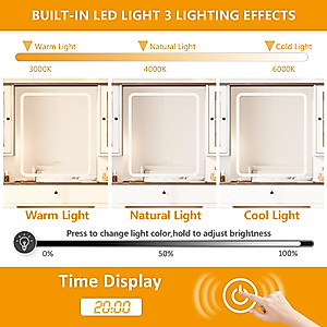 Vanity Desk with Mirror and Lights,White Makeup Vanity Table with Power Strip & LED Lighted Mirror,43in Large Makeup Desk with 5 Drawers,4 Cabinets and Lots Storage,3 Lighting Modes,White+Brown