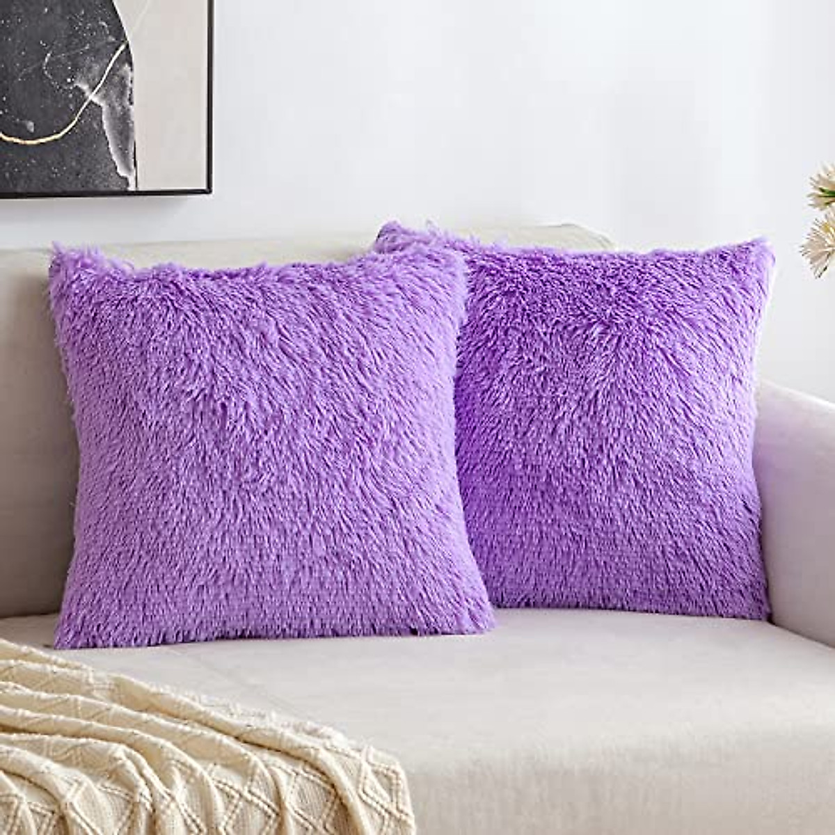 MIULEE Pack of 2 Luxury Faux Fur Throw Pillow Cover Deluxe Decorative Plush Pillow Case Cushion Cover Shell for Sofa Bedroom Car 18 x 18 Inch Light Purple