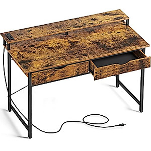 Rolanstar Computer Desk with 2 Drawers and Power Outlet, 39" Home Office Writing Desk with Monitor Stand, Workstation Table with Stable Metal Frame, Rustic Brown