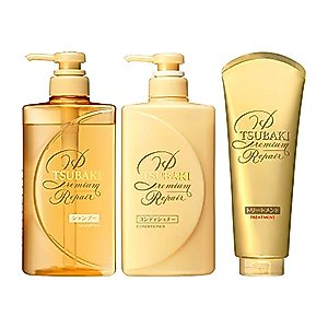 TSUBAKI Premium Moisturizing Glossy Hair Repair Set (Shampoo 490 ml, Conditioner 490 mL, Treatment, 6.3 oz (180 g)