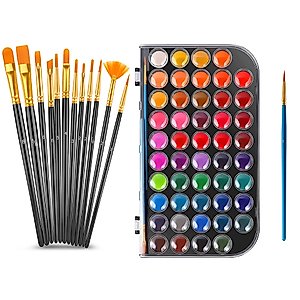 Rkqoa Watercolor Paint Set, 48 Colors Washable Watercolor Paint 12 Paint Brushes a Refillable Water Brush Pen, Water Color Paints Sets for Kids Adults Beginner Artists Painting Supplies