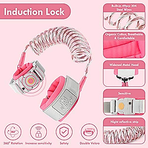 Lehoo Castle Upgraded Anti Lost Wrist Link, Kid Harness with Induction Lock, Safety Wrist Leash for Toddlers, Kids Backpack Leash, Child Leash Harness (Pink)