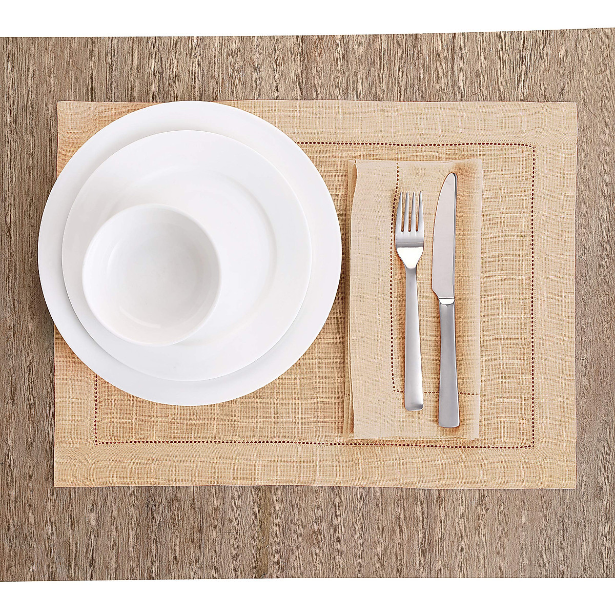 Solino Home Linen Placemats 14 x 19 Inch - 100% Pure Linen Beige Cloth Placemats Set of 4 - Classic Hemstitch, Washable Fabric Place Mats for Spring, Mothers Day, Easter Decorations