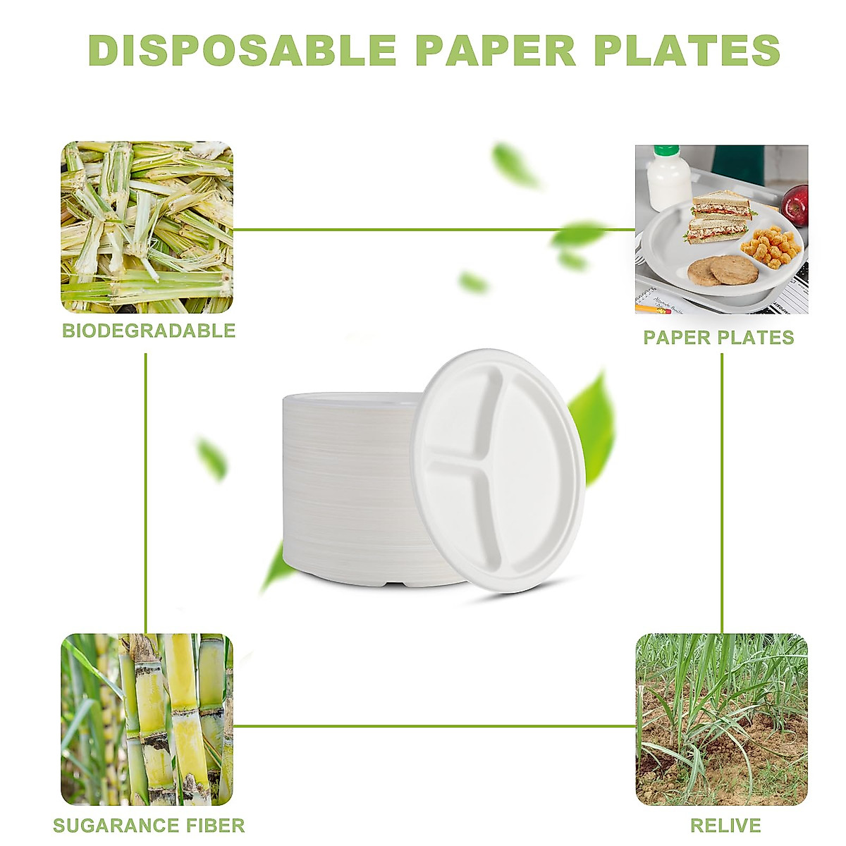 Disposable Paper Plates 9 Inch with 3 Compartment [125 Pack]-100% Compostable Heavy Duty Plates, Biodegradable Paper Plates Made from Sugar Cane Fibers, for Parties, Daily Meals, Dinners, BBQ (White)