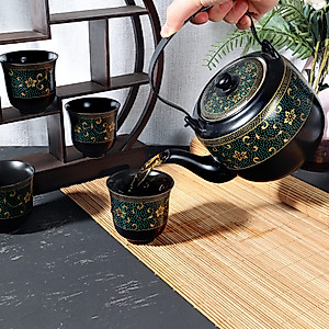 fanquare Japanese Porcelain Tea Set, Handmade Kungfu Teapot with 6 Cups, Large Black TeaPot with Gold Flowers Pattern
