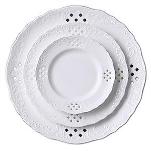 EERINESS Dinner Plates Set Hollow Out Dessert Plate White Disc Home Kitchen Restaurant Coffee Shop Flat Plate Ceramic Fruit Plate Round Fruit Tray Kitchen Salad Bowl (Color : A)