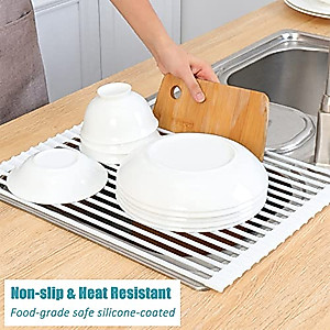 ZOIMINU Dish Drainer, White Roll Up Dish Drying Rack, Over Sink Drying Rack with Silicone-Coated, Heat-Resistant Anti-Slip Dry Rack for Dishes Cups Fruits Vegetables - 17" x 13.1"