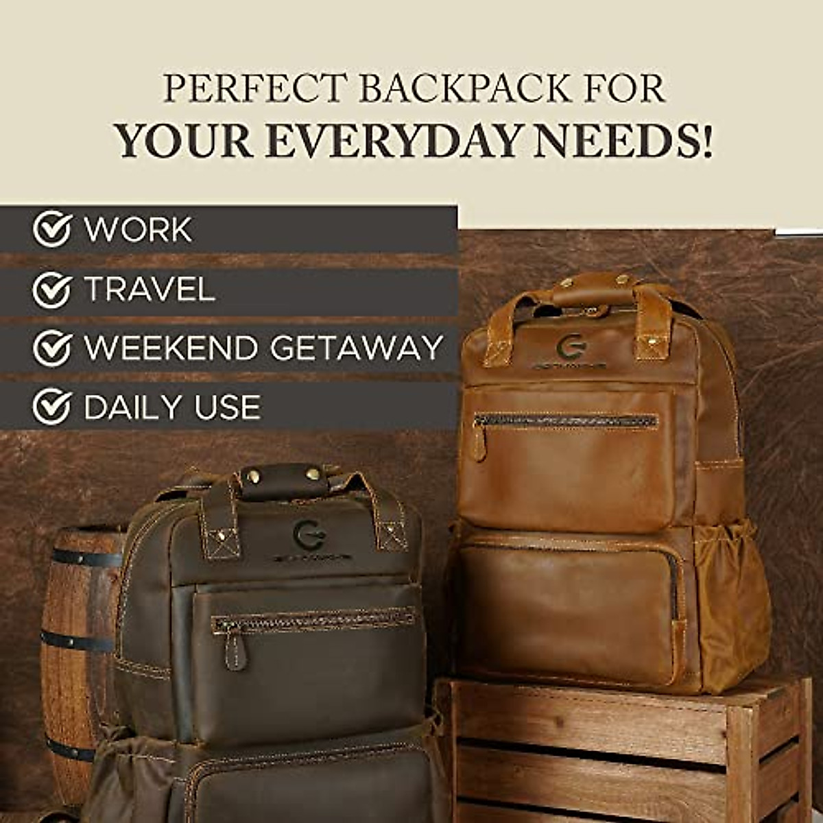 GENMARKS Sultana Backpack (Dark Brown) - Genuine Leather Bag with Multiple Pockets - Convertible Purse Bag for Travel, Work, College, Gym & Hiking - Stylish Luggage Backpack for Books & 15.6” Laptop