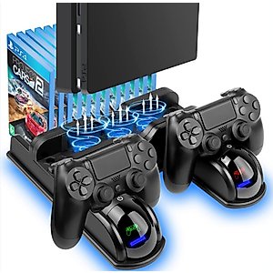 PS4 Stand Cooling Fan Station for Playstation 4/PS4 Slim/PS4 Pro, PS4 Vertical Stand with Dual Controller Port Charger Dock Station, 12 Game Slots, USB Fast Charging Station with LED Indicator