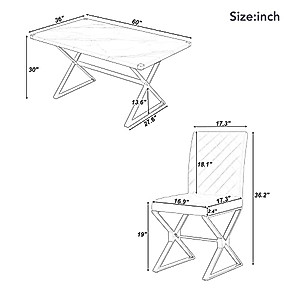 Merax 7-Piece Modern Furniture Set, Rectangular Marble Texture Kitchen Table, and 6 PU Leather Chairs with X-Shaped Gold Steel Pipe Legs for Dining Room, 7Pcs, White