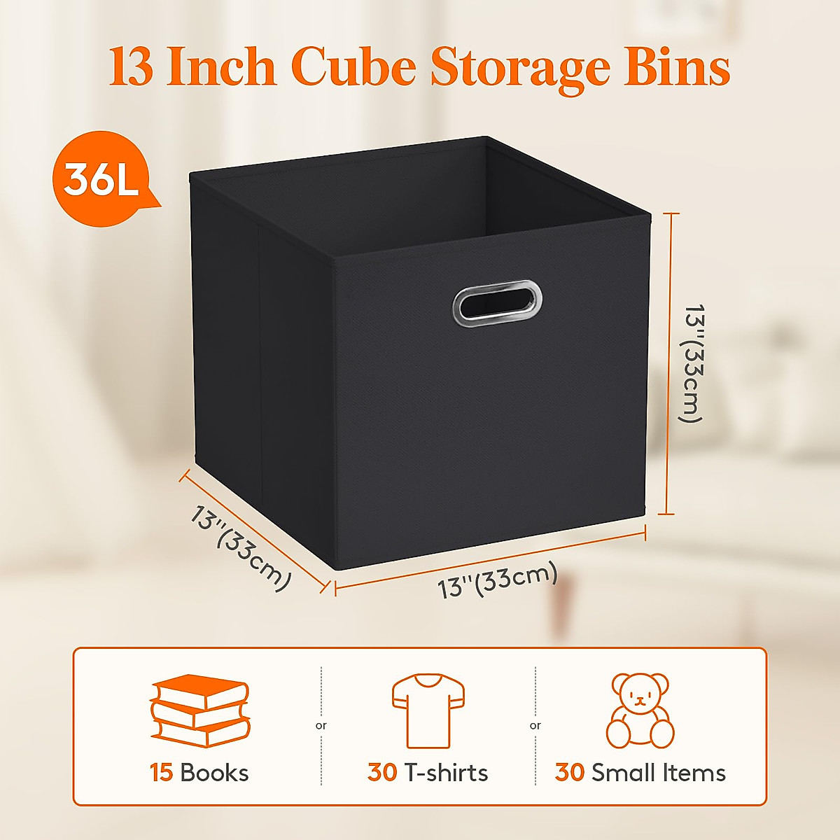 Lifewit 13 Inch Cube Storage Bins, 6 Packs Cube Storage Organizer, Foldable Decorative Fabric Storage Baskets for Organizing Home Organizers with Metal Handles for Shelves, Closet, Black